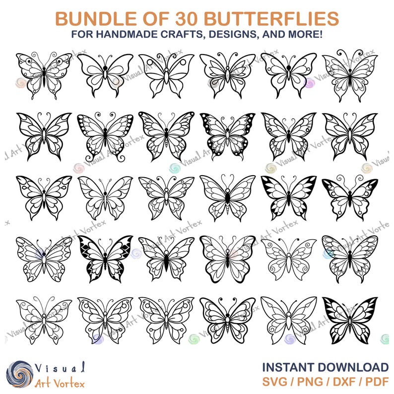 Bundle of 30 Butterflies Svg, Png, Dxf Utterfly Vector Clipart Tattoo ...