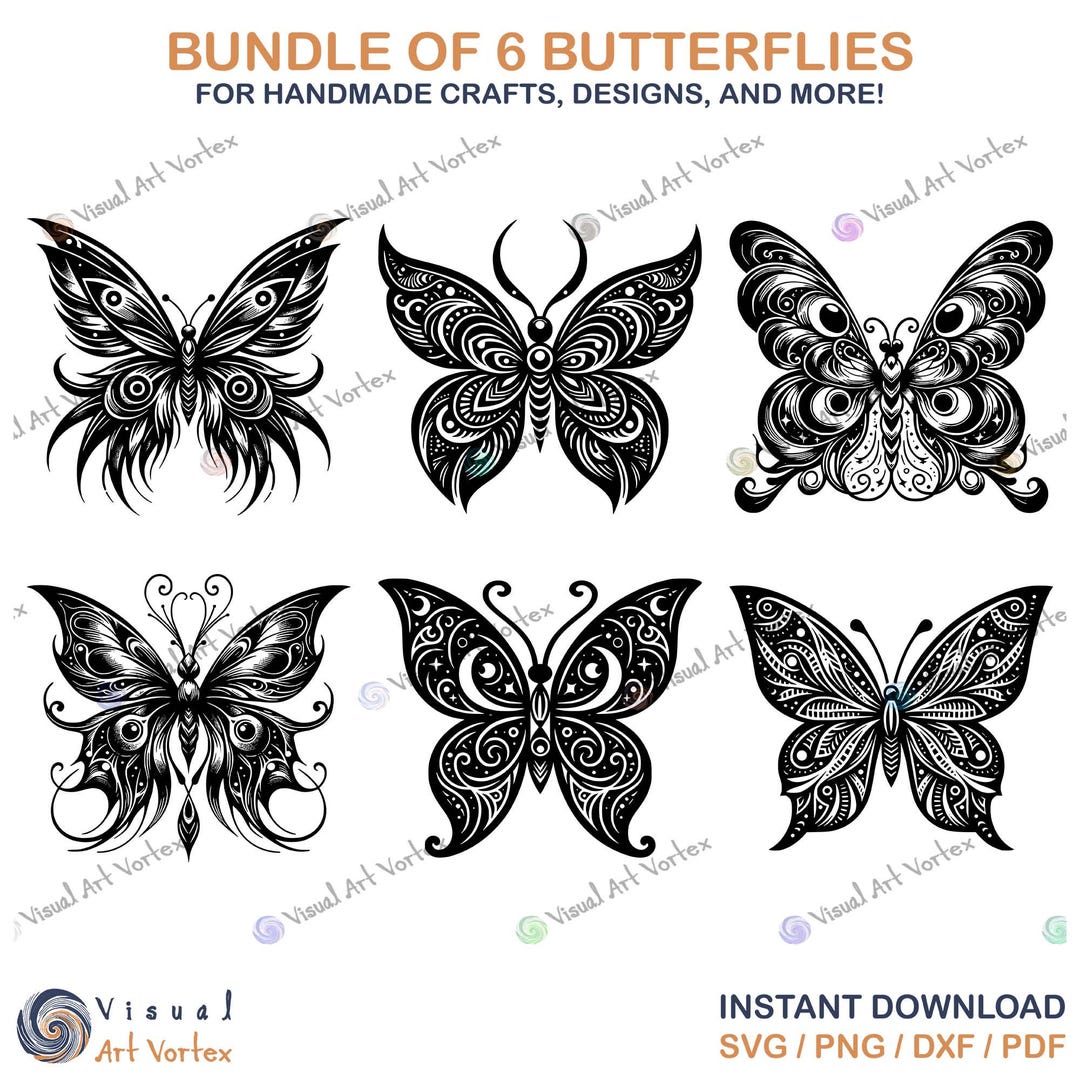 Bundle of 6 Butterflies Svg, Png, Dxf Utterfly Vector Clipart Tattoo ...
