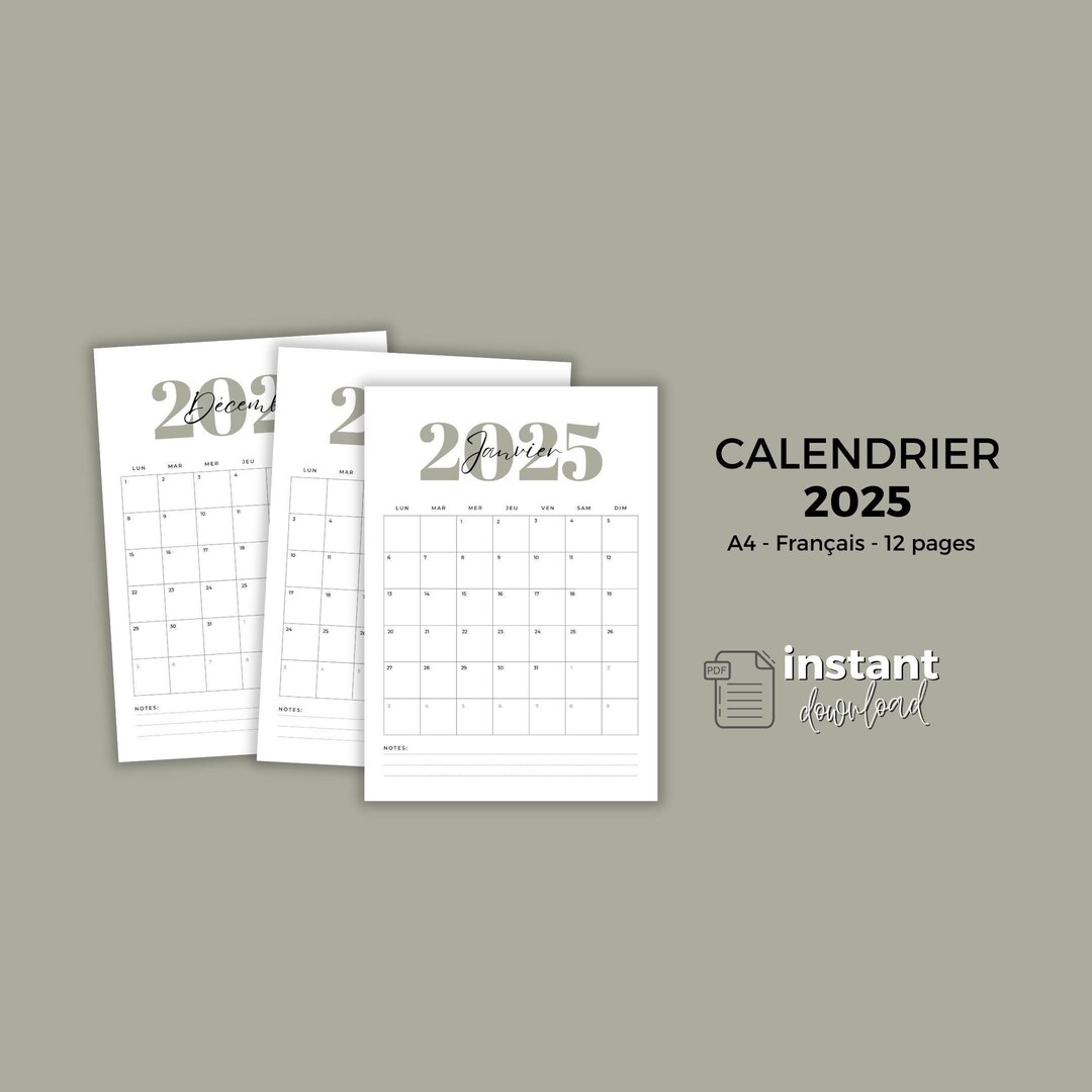 2025 Calendar in French A4 Portrait Format PDF to Print Instant ...
