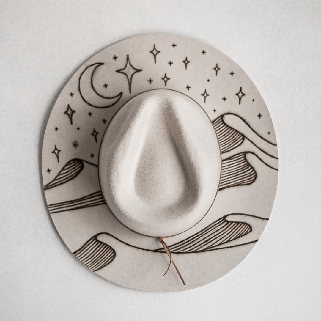 Hand Burnt Wide Brim Hat, Bone White, Fedora, Rancher Hat, Cowboy Hat ...