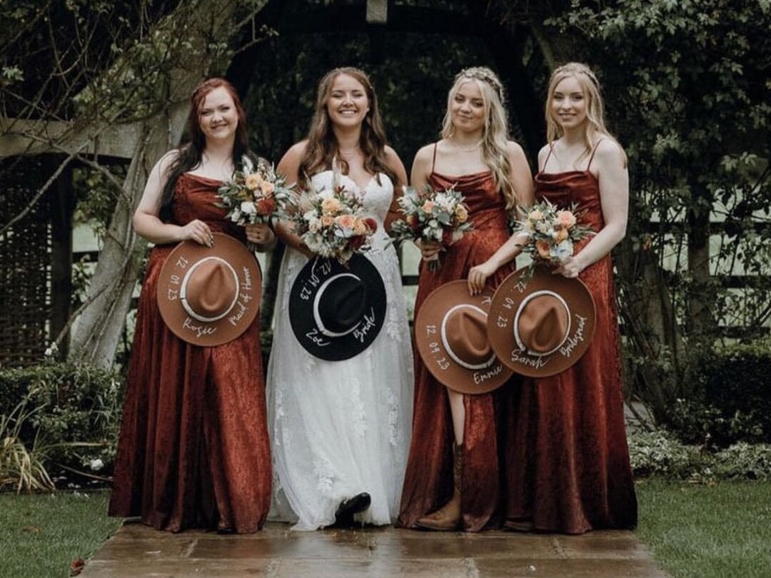 Custom Wedding Party Hats, Bulk Personalized Hats, Hand Burned Wide ...