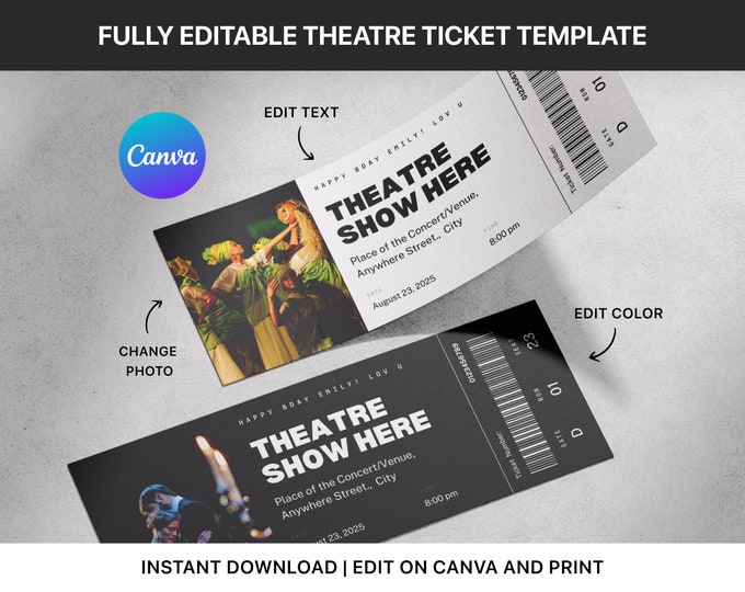 Editable Theatre Ticket Template, Custom Theatre Ticket Gift, Printable ...