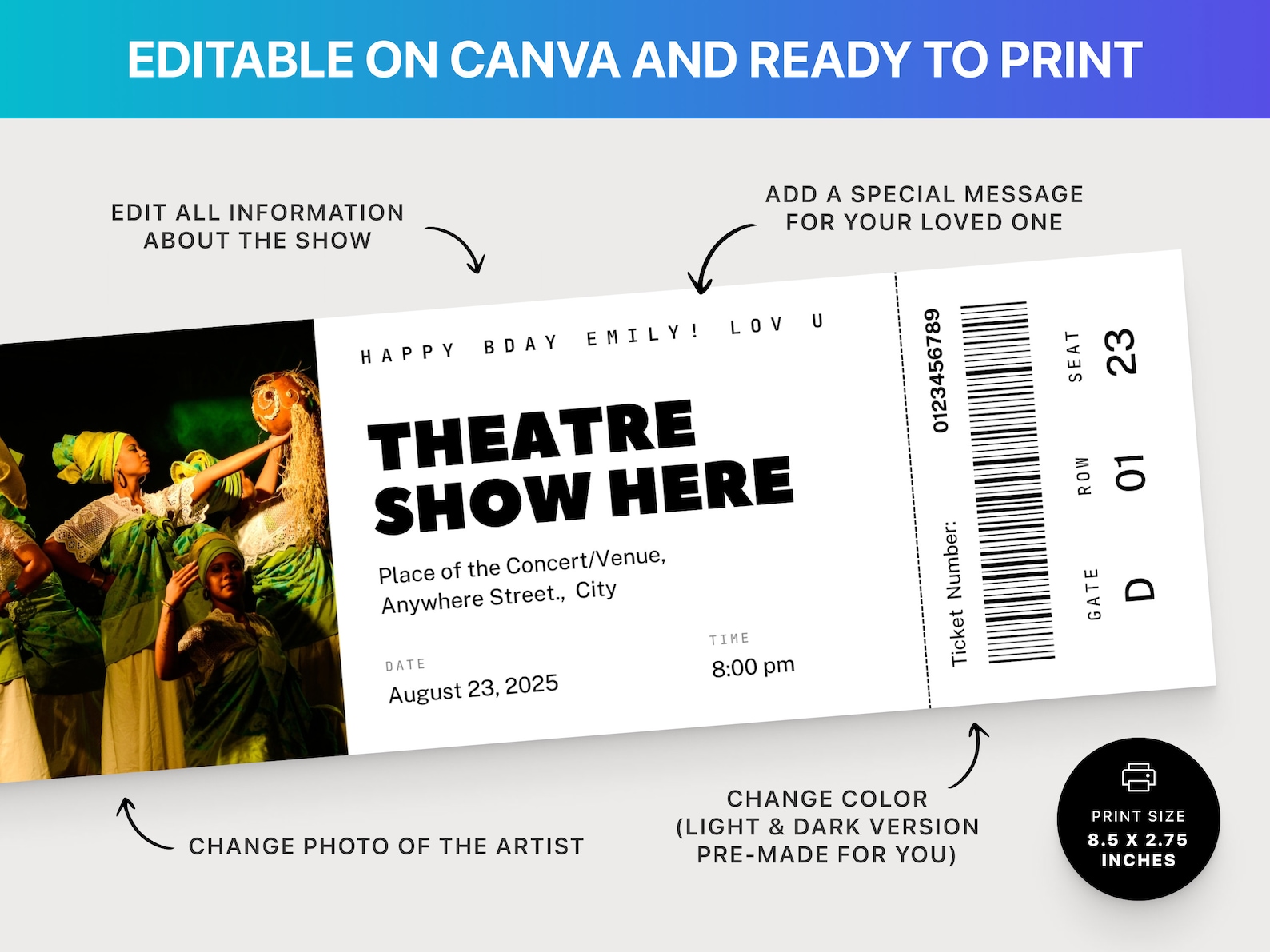 Custom Theatre Ticket Voucher, Theatre Ticket Template Canva ...