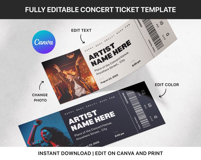Editable Concert Ticket Template, Printable Live Concert Tickets, Event ...