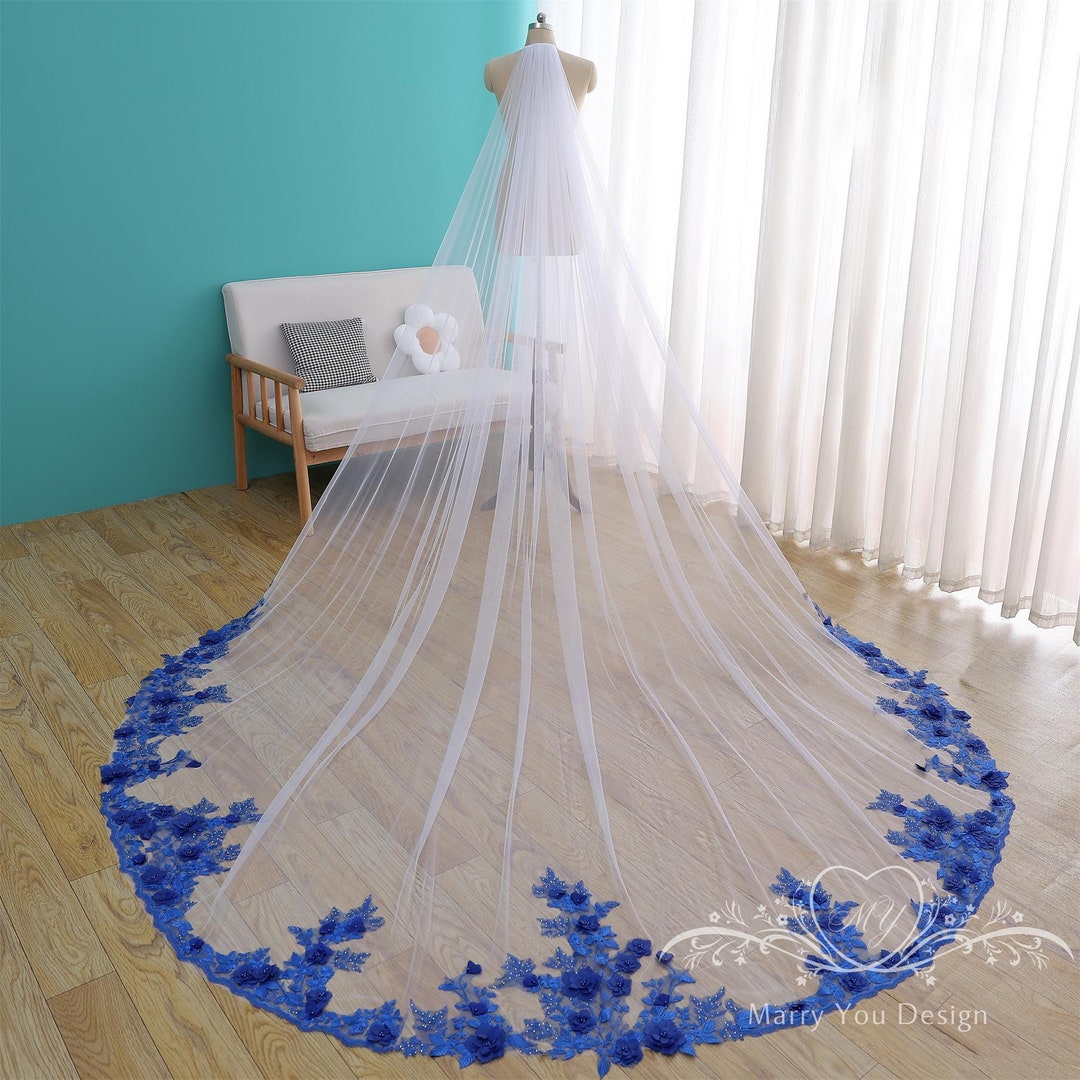 Navy Blue Floral Wedding Veil,single Tier Garden Flower Wedding Veil ...