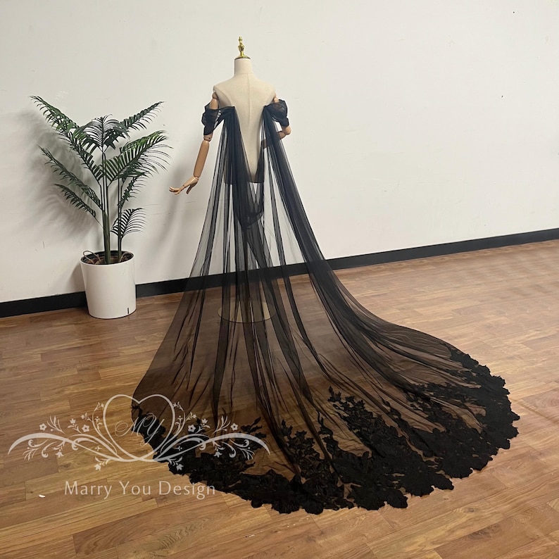 Black Floral Lace Wedding Veil With Sleeves, Gothic Bridal Cape, off ...