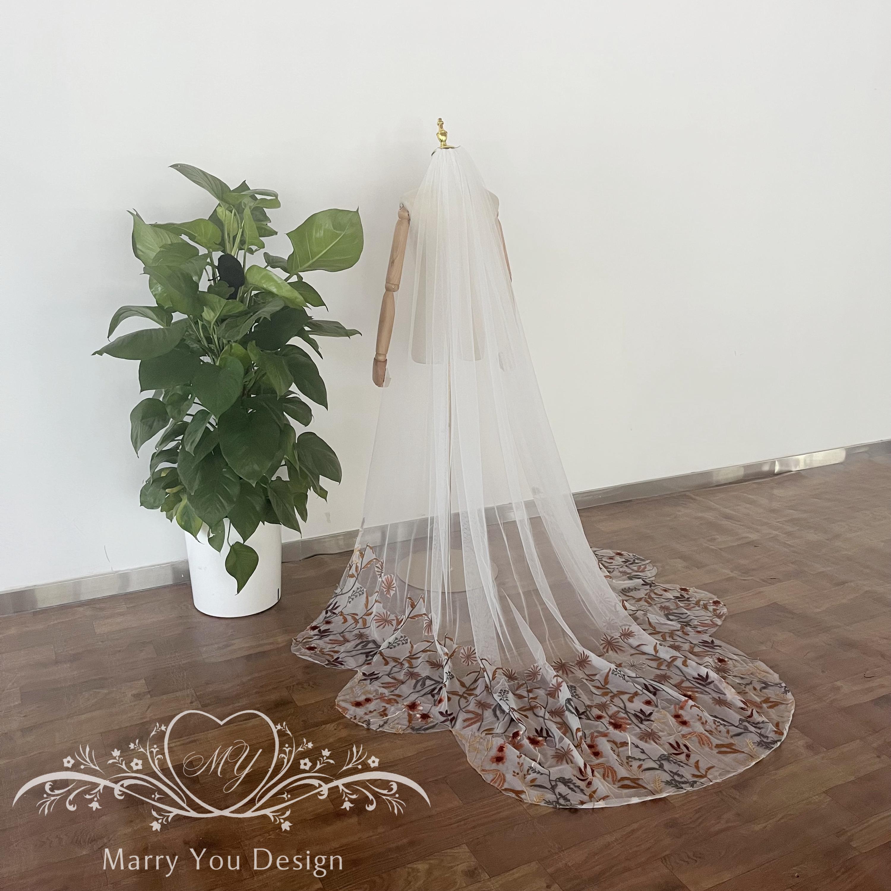 Autumn Leaves Wedding Veil,scalloped Brown Floral Lace Veil for Fall ...