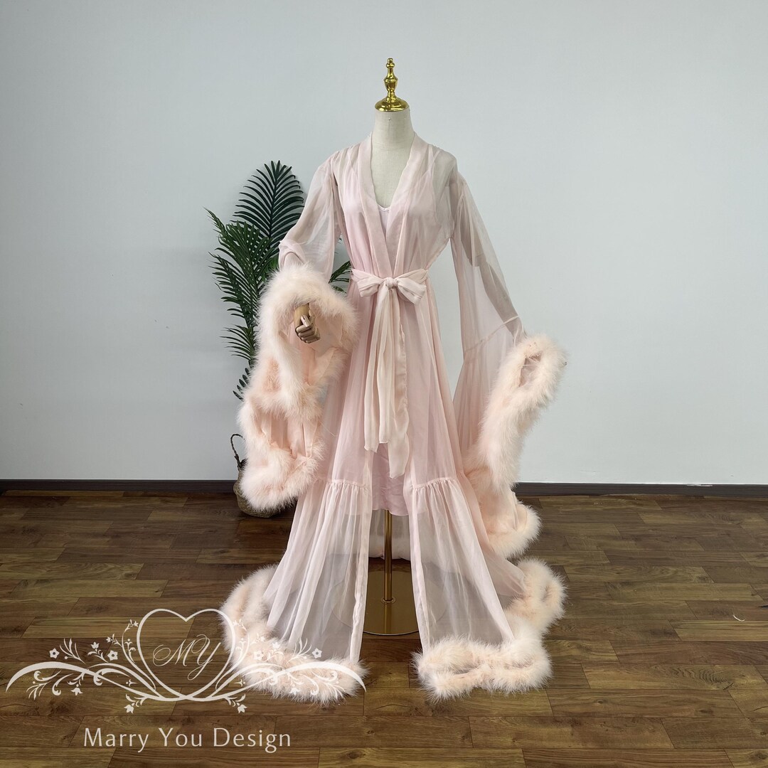 Dreamy Bridal Robe With Feather,sheer Wedding Robe,bridal Dressing Gown ...