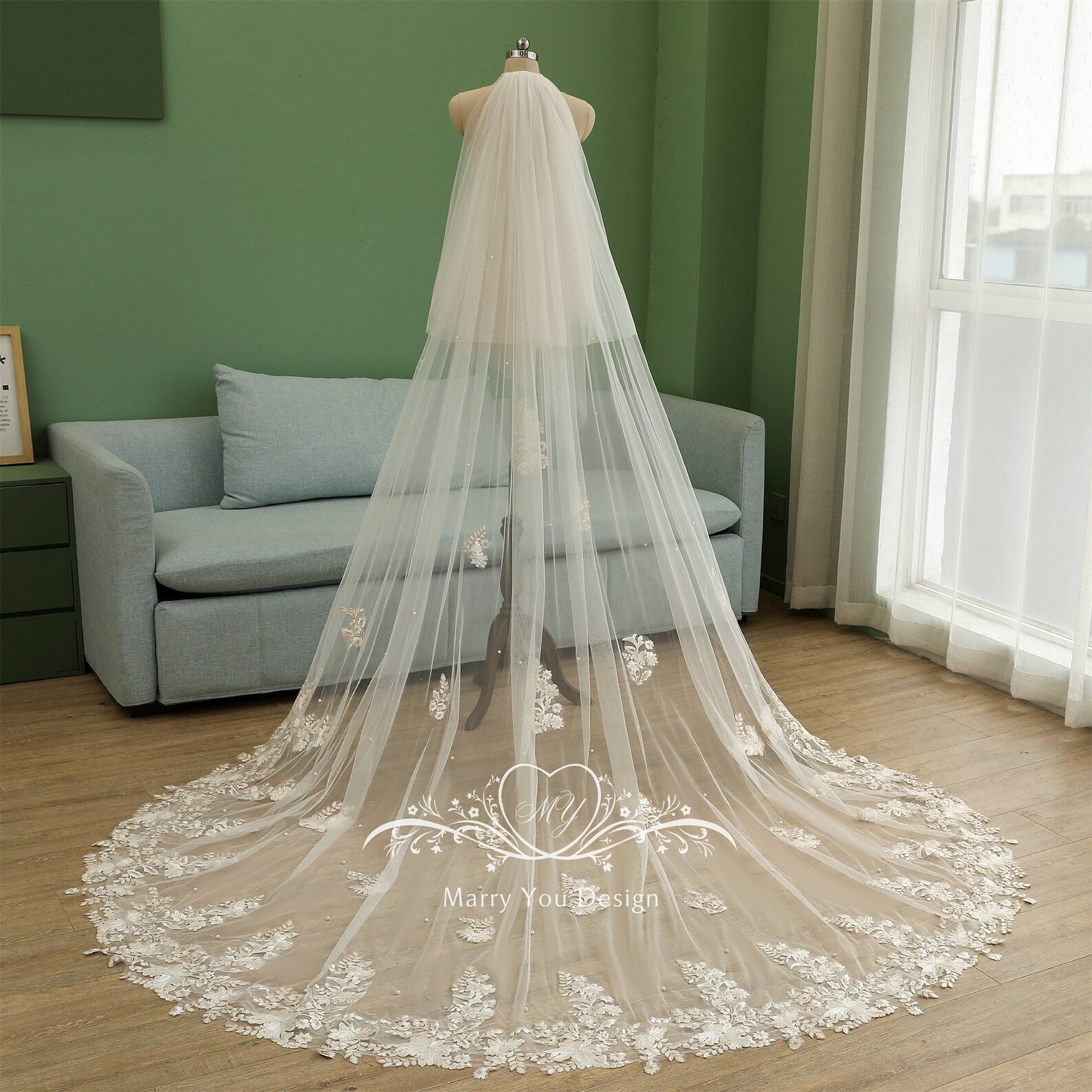 Elegant Champagne Flower Lace Wedding Veil,scattered Pearl Bridal Veil ...