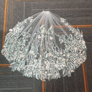 Mint Green Leaf&flower Lace Veil,single Tier Floral Wedding Veil,classic Wedding Veil,soft ...