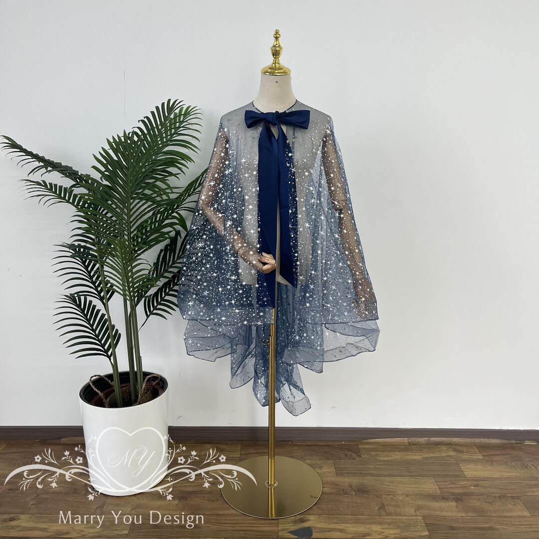 Navy Scattered Stars&moons Cape,satin Tie Cape for Evening Events ...