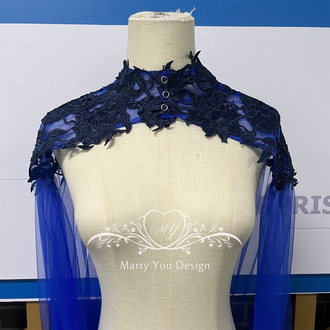 Elegant Wedding Cape,special Navy Blue Lace Bridal Veil Cape,floral ...