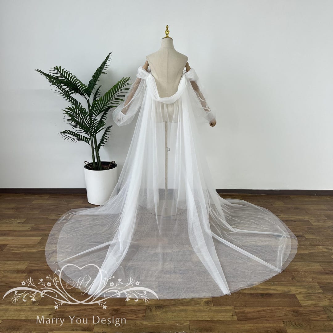 Romantic Wedding Cape With Puff Sleeves,tulle Bridal Cape Veil With ...