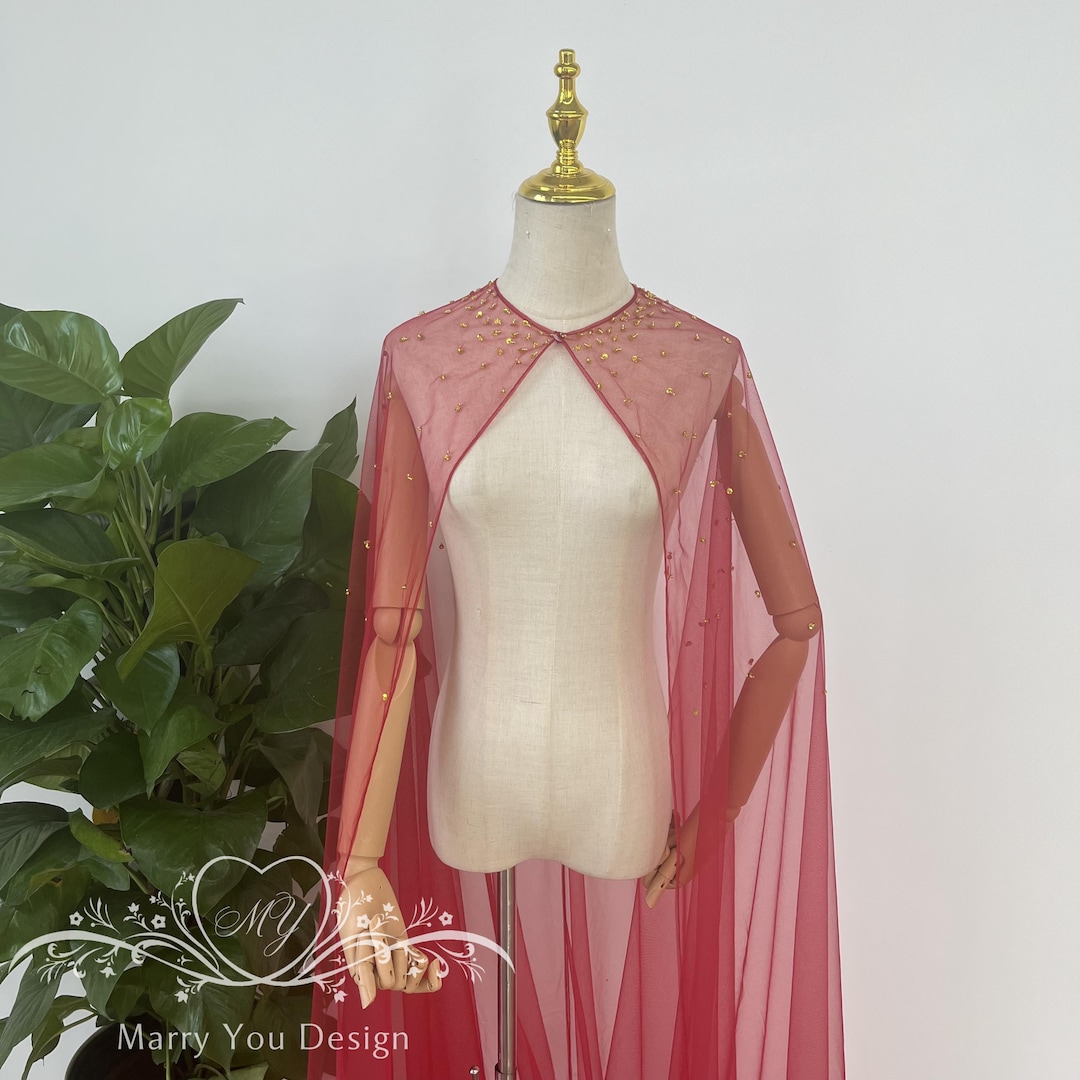 Sheer Red Fairy Cape Veil,gold Beads&sequins Bridal Veil Cape,neck ...