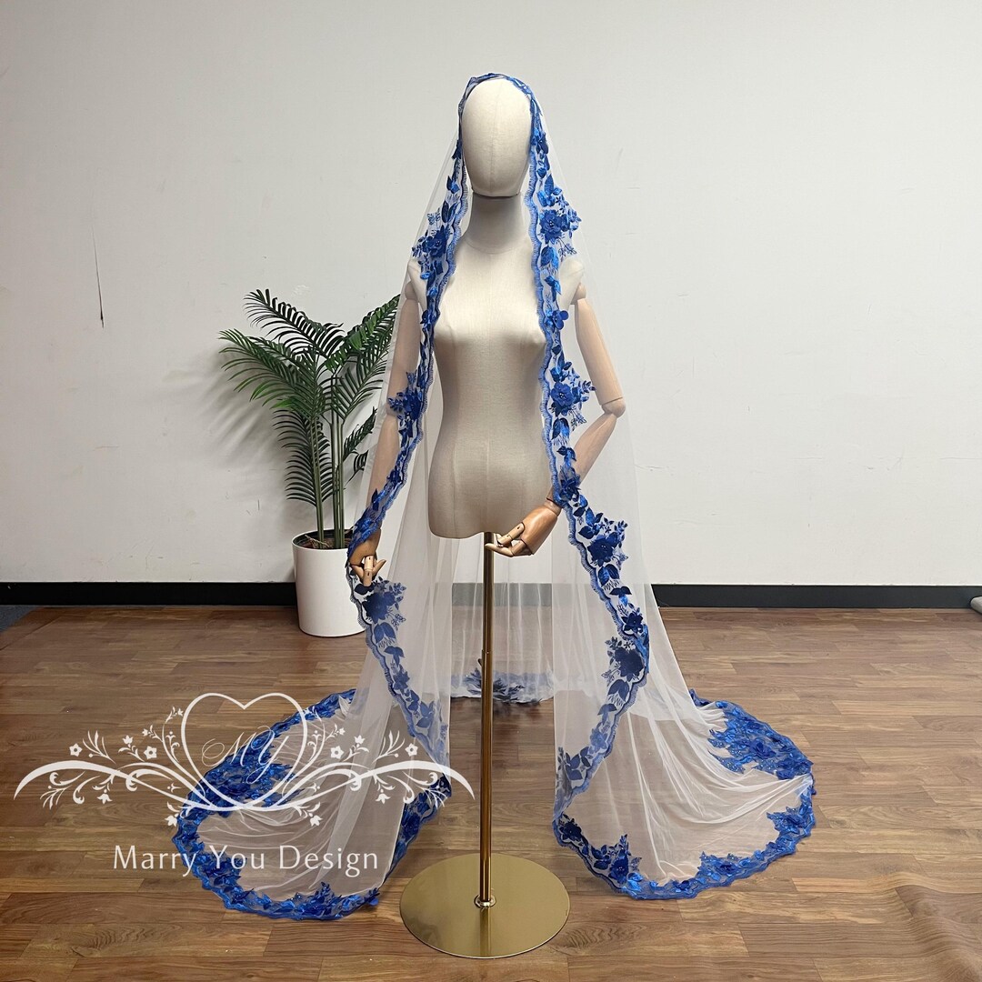 Vintage Mantilla Veil,blue Floral Mantilla Veil,beads Mantilla Wedding ...