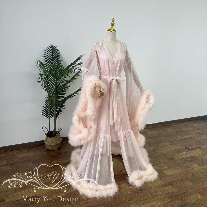 Dreamy Bridal Robe With Feather,sheer Wedding Robe,bridal Dressing Gown ...