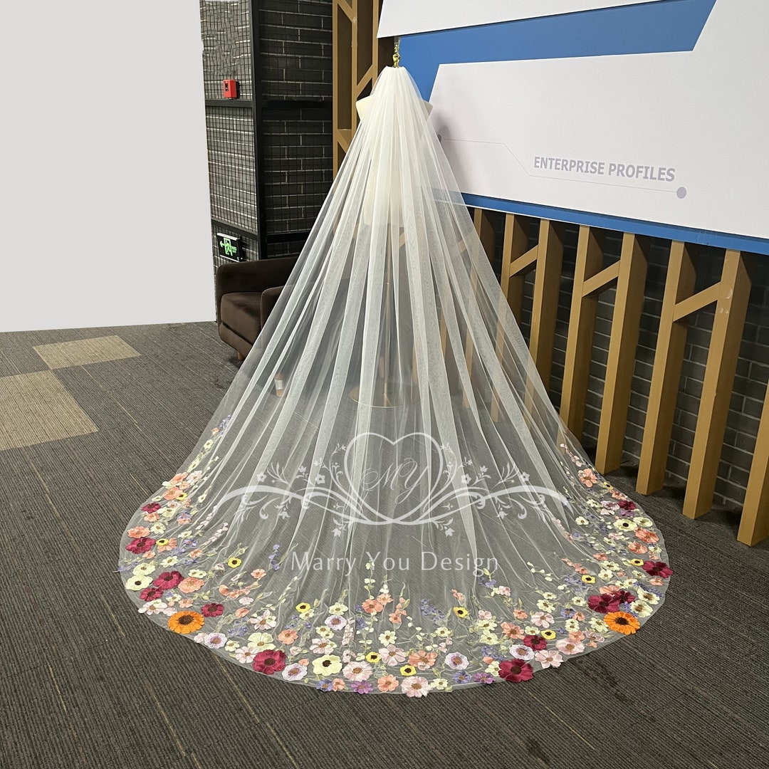 Colorful Lawn Wedding Veil,colorful Flowers Outdoor Wedding Veil,floral ...