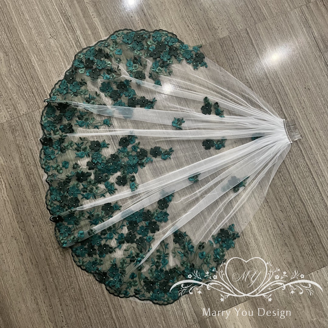 Green Flower Lace Wedding Veil,forest Theme Wedding Veil,floral Lace ...