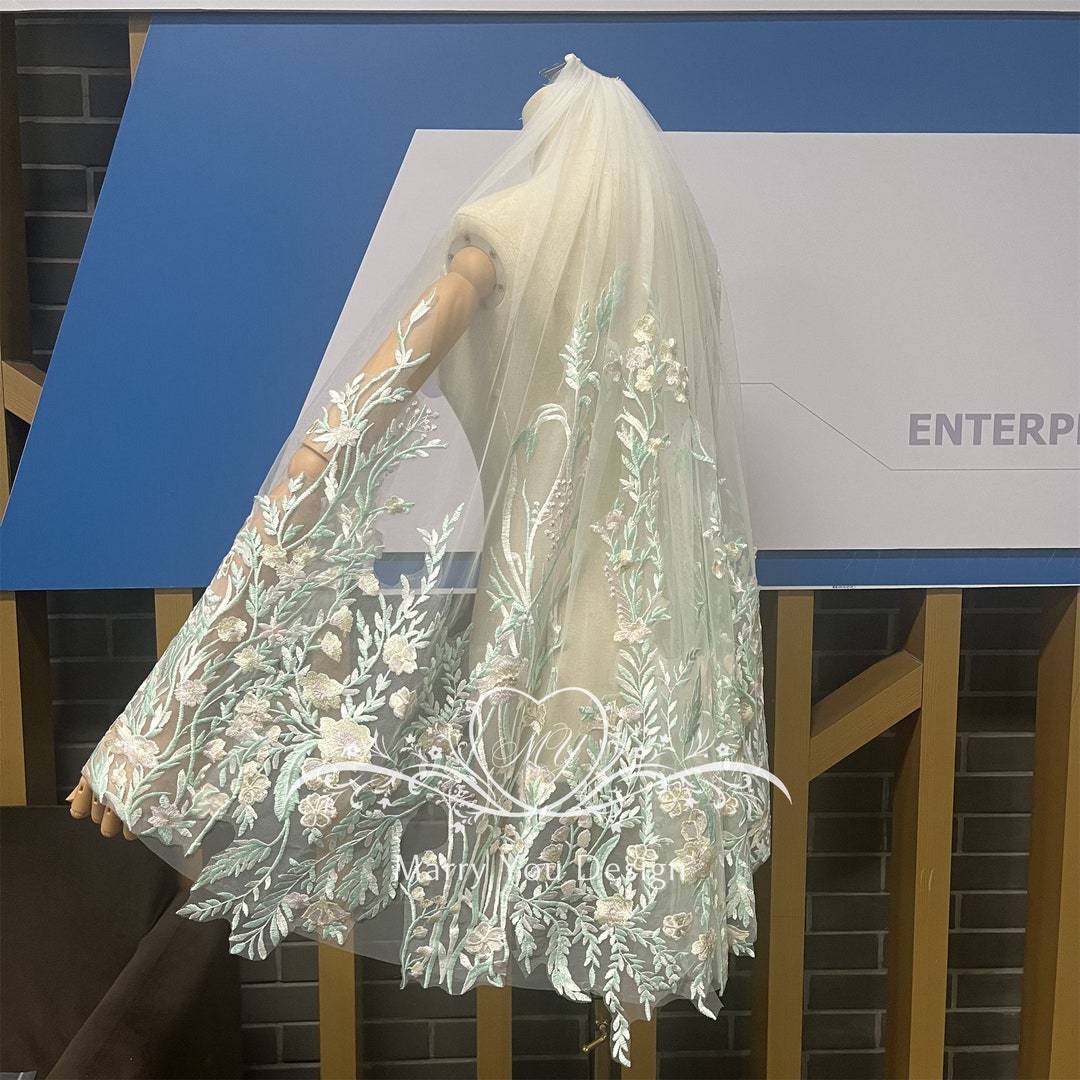 Mint Green Leaf&flower Lace Veil,single Tier Floral Wedding Veil,classic Wedding Veil,soft ...