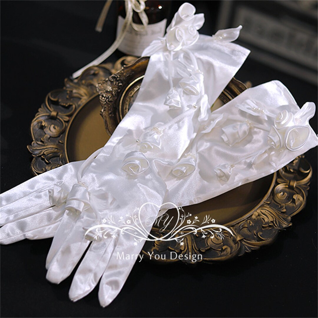 3D Rose White Satin Gloves for Wedding,floral Bridal Tulle Gloves,pearl ...