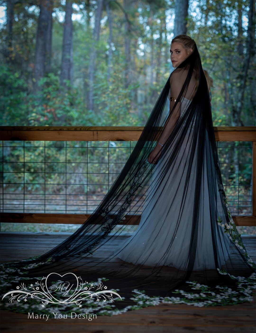 Gothic Black Bridal Veil,scalloped Shaped Bridal Veil,green Floral Lawn Wedding Veil,special ...