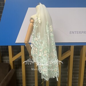 Mint Green Leaf&flower Lace Veil,single Tier Floral Wedding Veil ...