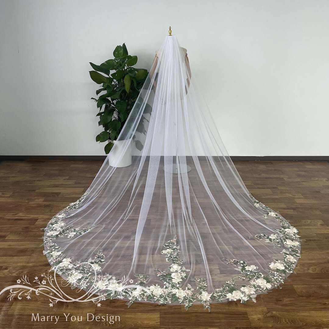 Green Floral Wedding Veil,green Leaf Lace Bridal Veil,garden Flower ...