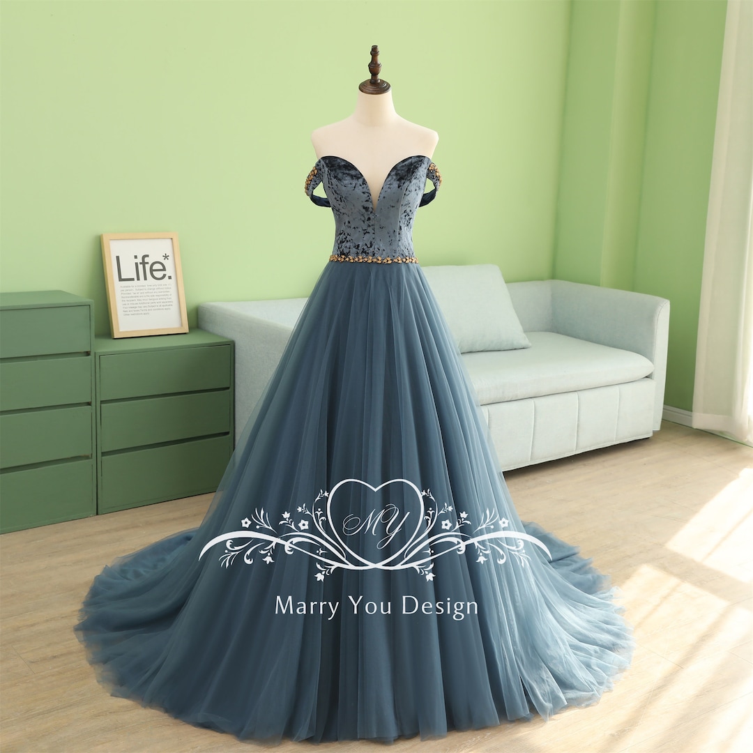 Blue Velvet Deep V-neck Prom Dress for Woman,off-the-shoulder Fairy ...