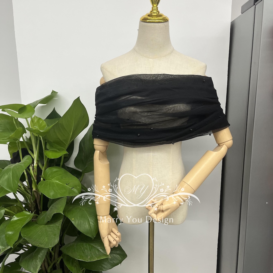 Gothic Black Off-the-shoulder Shawl,tulle Wedding Shawl,pearls Bridal ...
