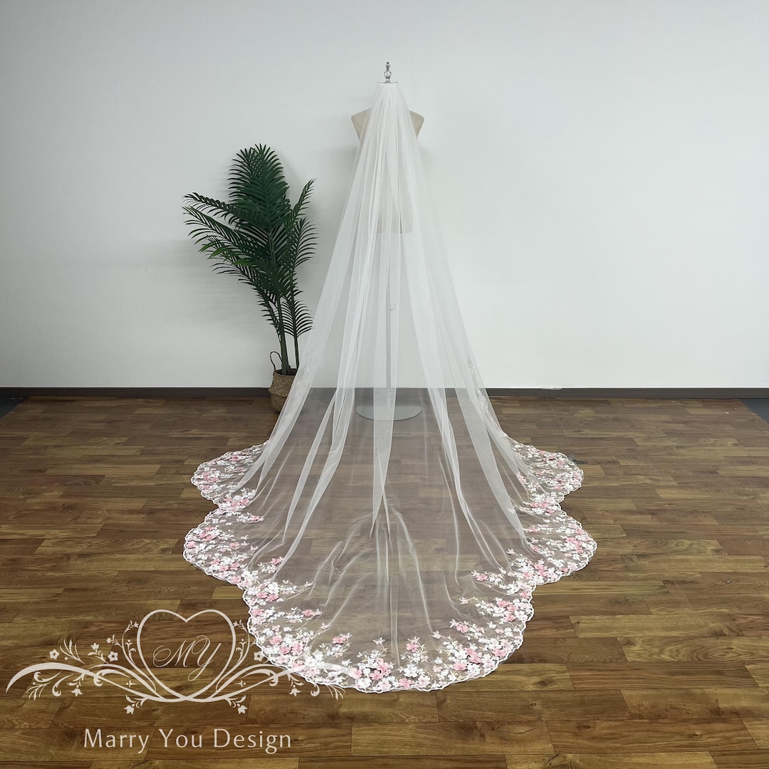 Fairy Tale Scalloped Wedding Veil,light Pink Floral Lace Wedding Veil ...