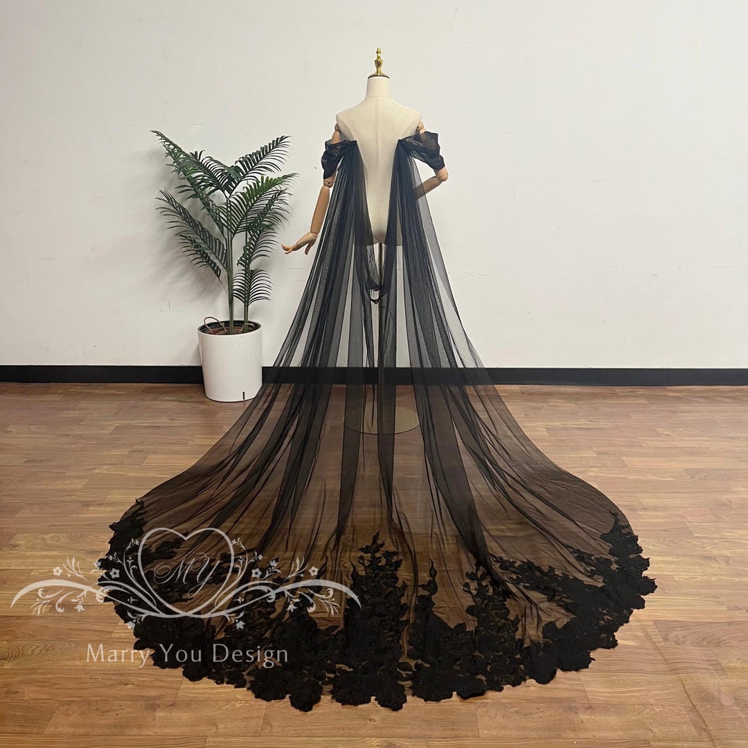 Black Floral Lace Wedding Veil With Sleeves, Gothic Bridal Cape, off ...