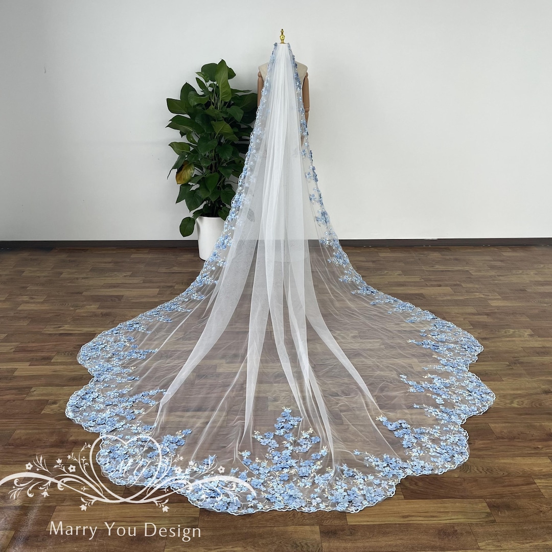 Dreamy Blue Ocean Theme Wedding Veil,floral Lace Wedding Veil,edge ...