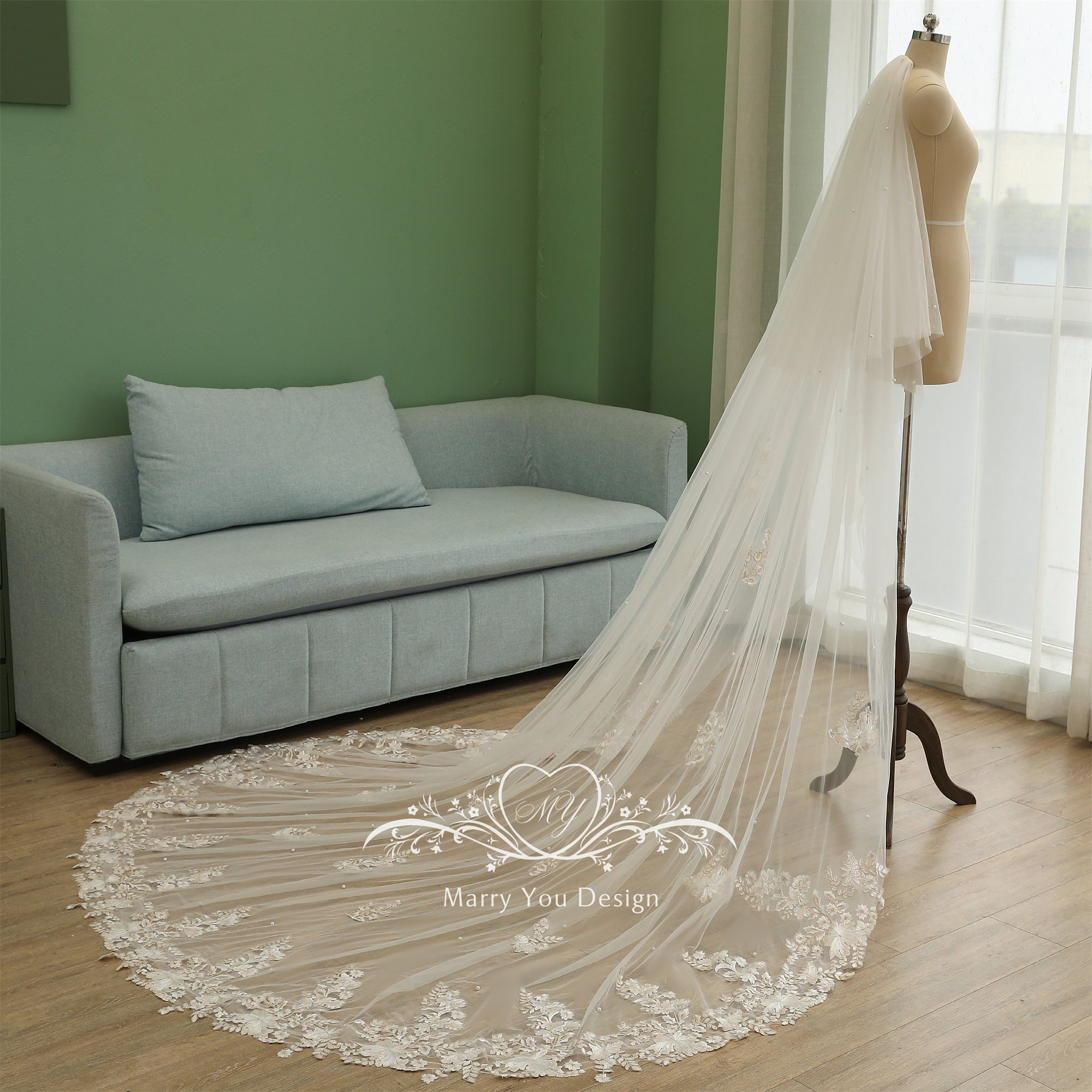 Elegant Champagne Flower Lace Wedding Veil,scattered Pearl Bridal Veil ...