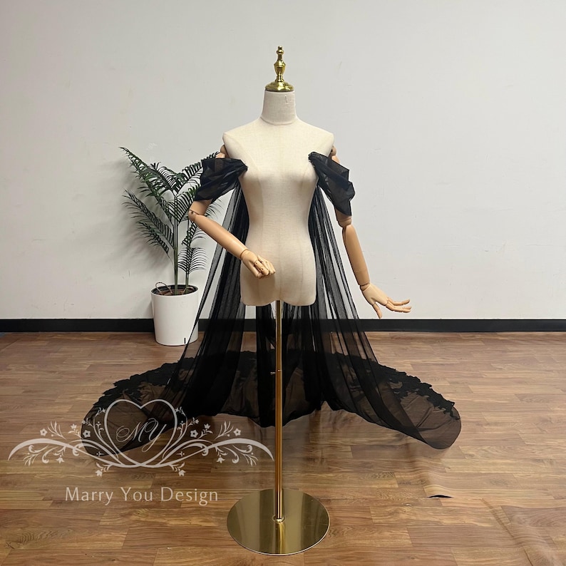 Black Floral Lace Wedding Veil With Sleeves, Gothic Bridal Cape, off ...