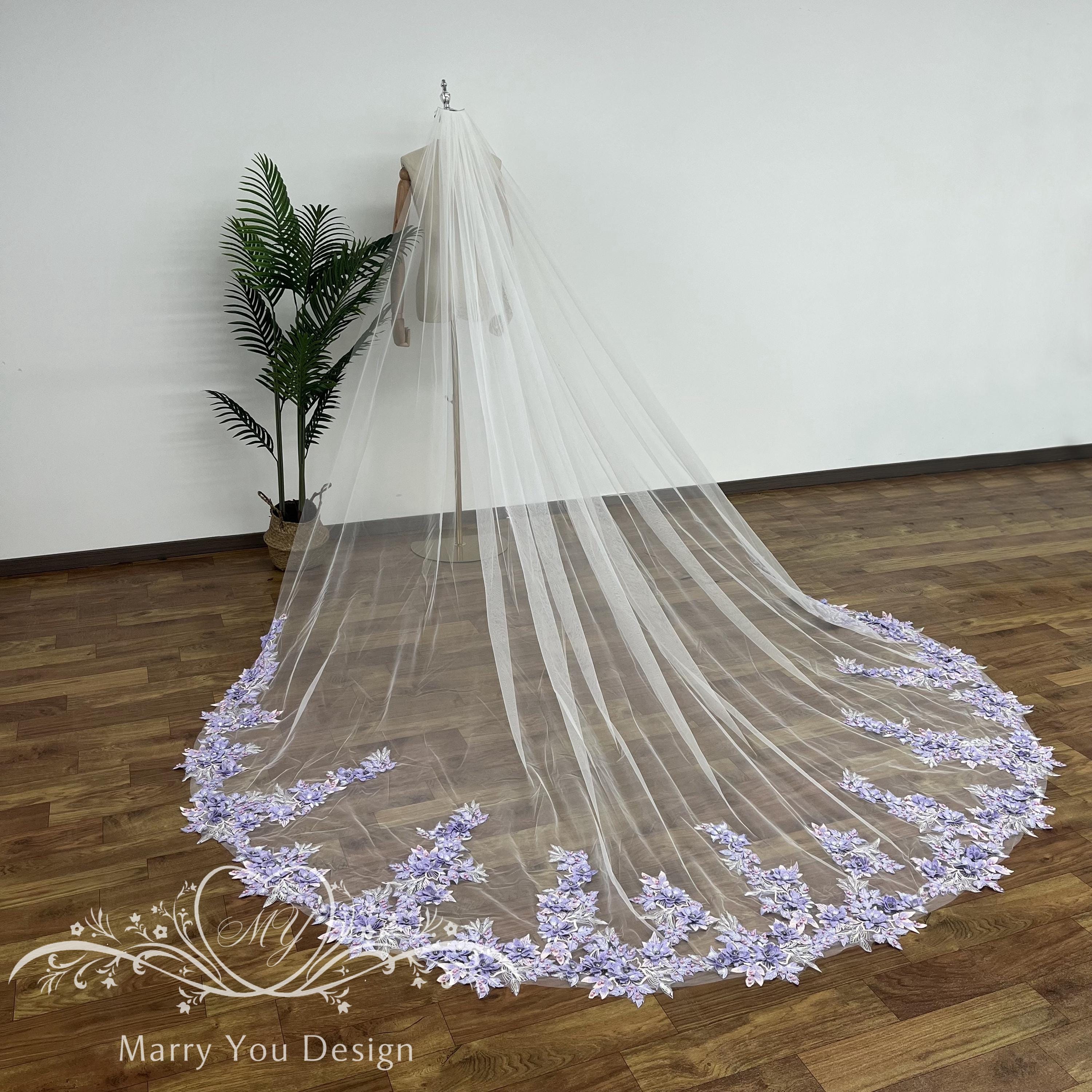 Bohemia Purple Floral Lace Wedding Veil,dreamy Pearls Lace Lawn Wedding ...
