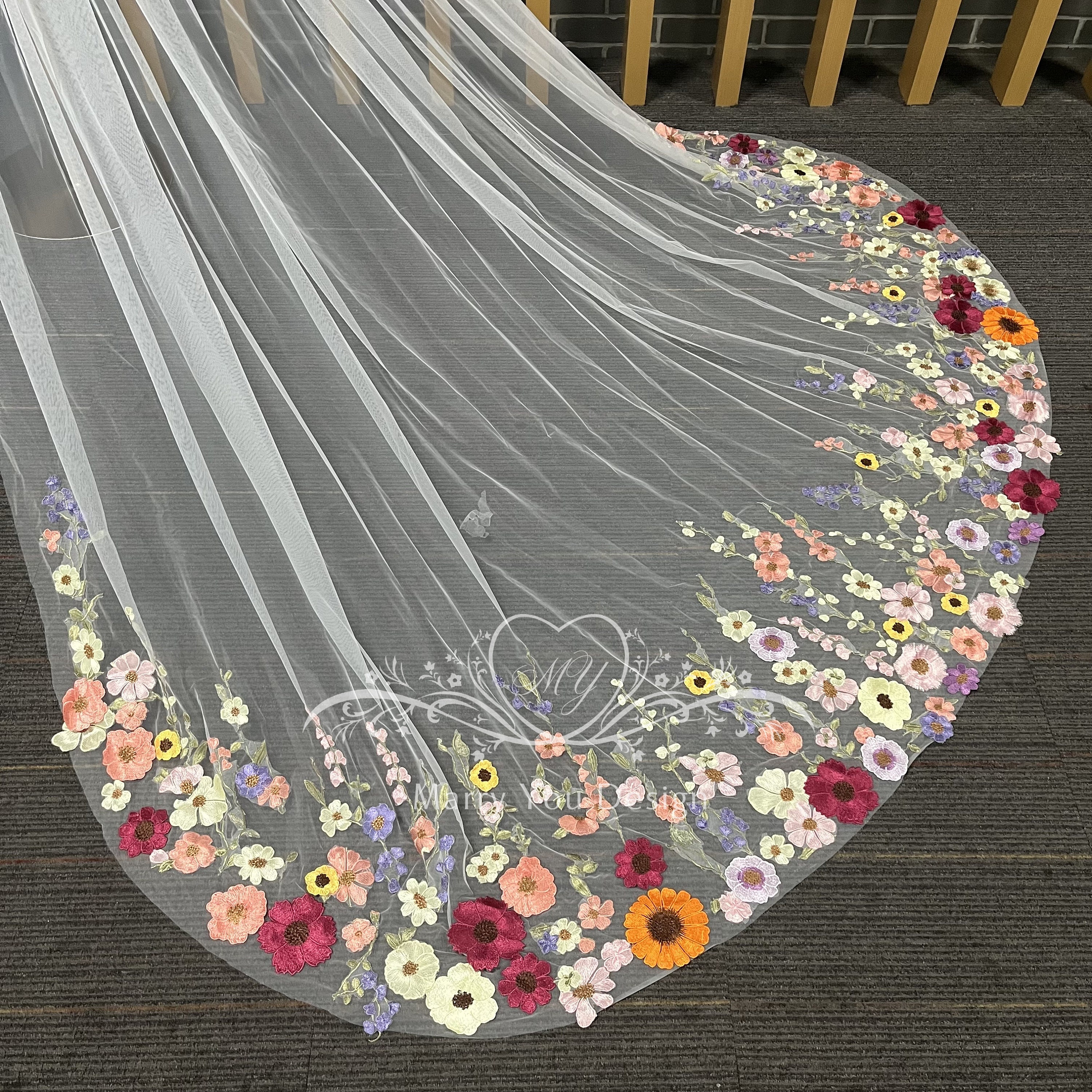 Colorful Lawn Wedding Veil,colorful Flowers Outdoor Wedding Veil,floral ...