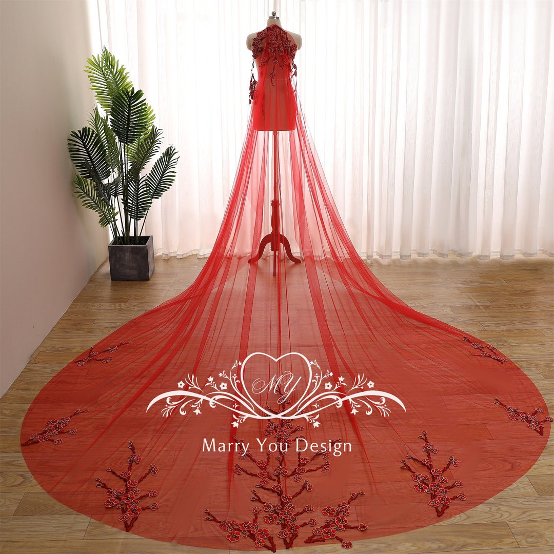 Special Floral Red Traditional Wedding Veil,plum Blossom Lace Wedding ...