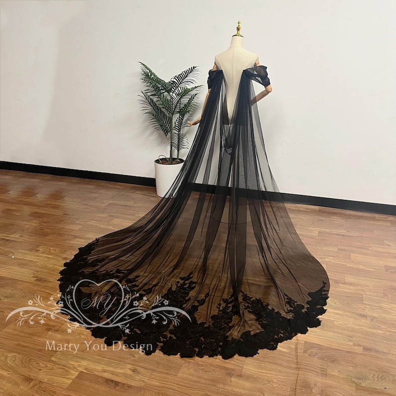 Black Floral Lace Wedding Veil With Sleeves, Gothic Bridal Cape, off ...