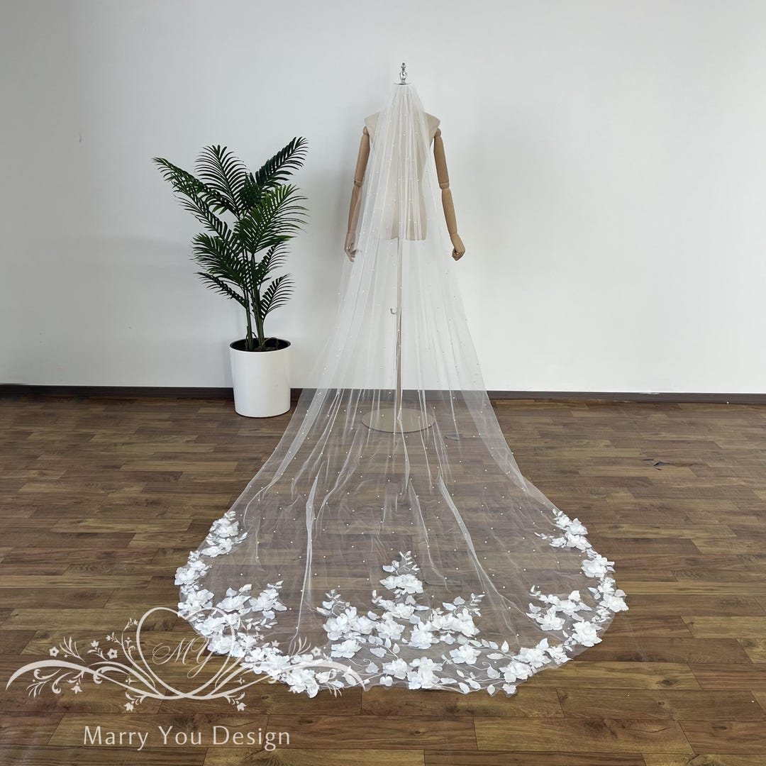 Dramatic Wedding Veil,3d Floral Lace Bridal Veil,ivory/white Cathedral ...