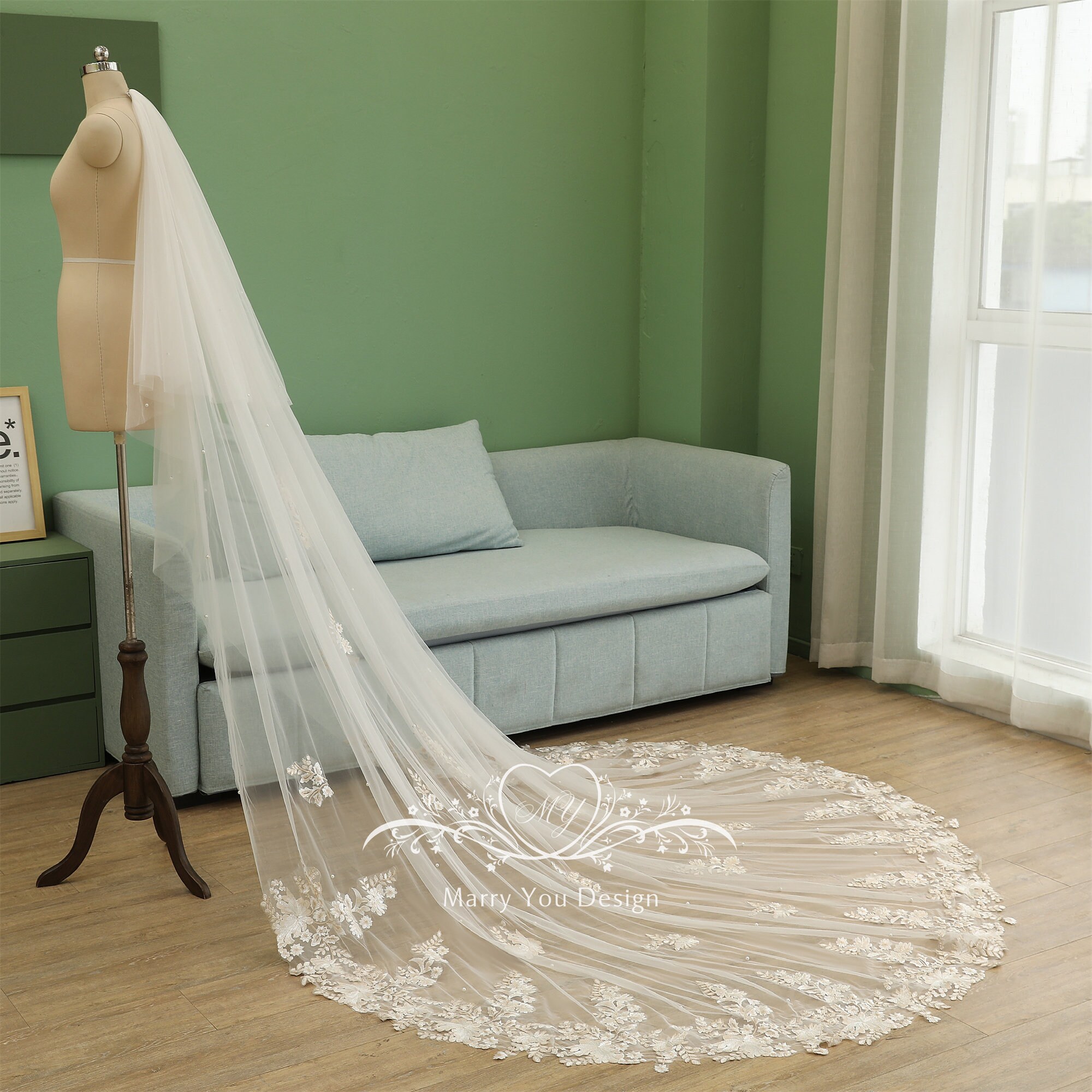 Elegant Champagne Flower Lace Wedding Veil,scattered Pearl Bridal Veil ...