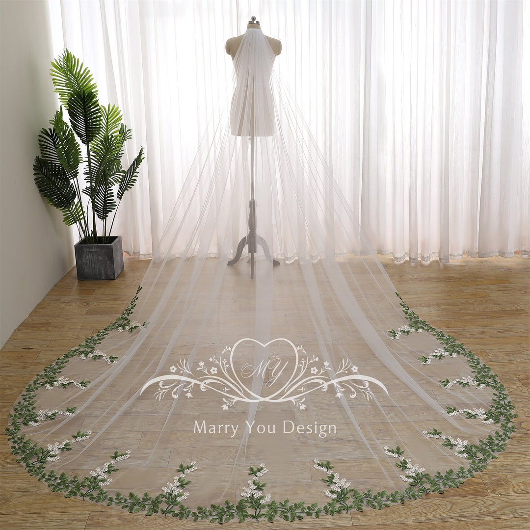 Green Leaf Veil for Lawn Wedding,white Small Daisy Bridal Veil,trim ...