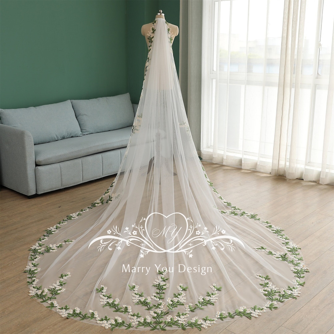 Custom Fairy Edge Green Floral Lace Trim Veil Wedding Veil,wedding Veil ...