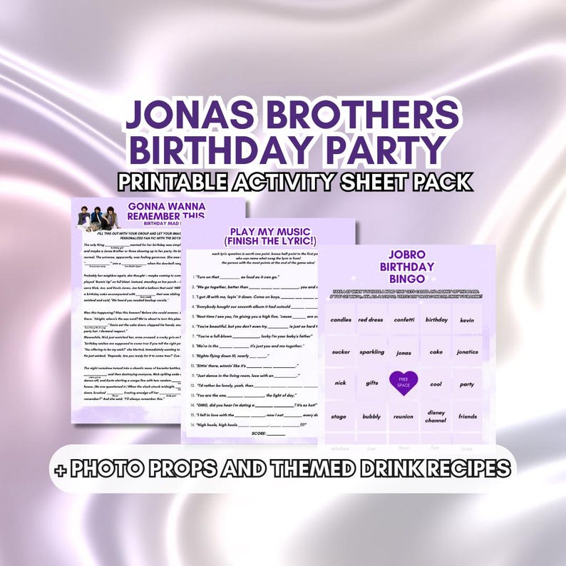 Jonas Brothers Birthday Party Game Pack | Printable Bingo, Lyric Games ...