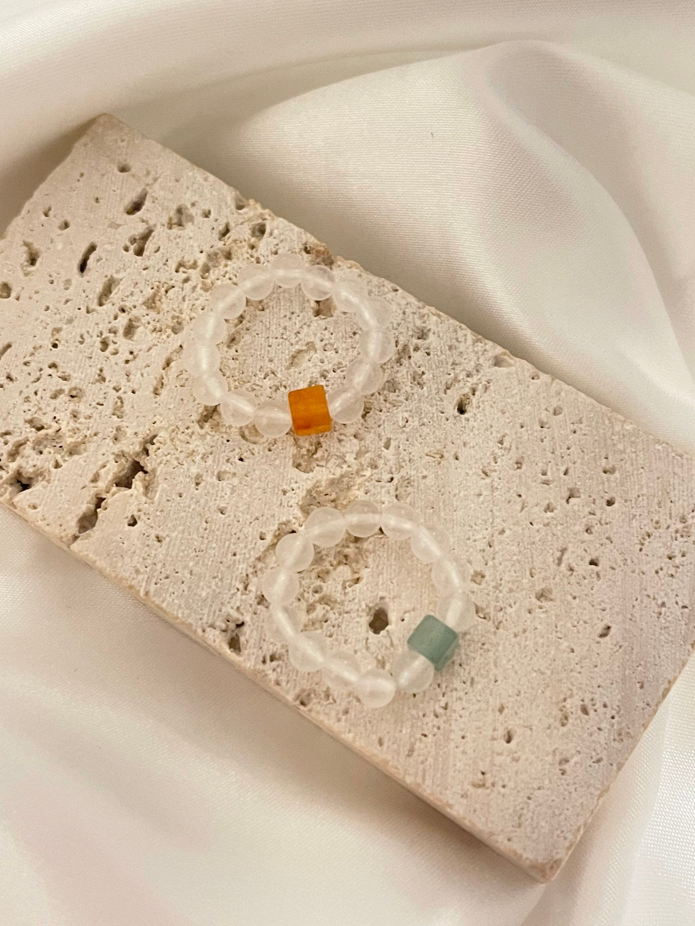 White Marble With Green Square Jade Ring, Stackable Ring, Stretchy ...