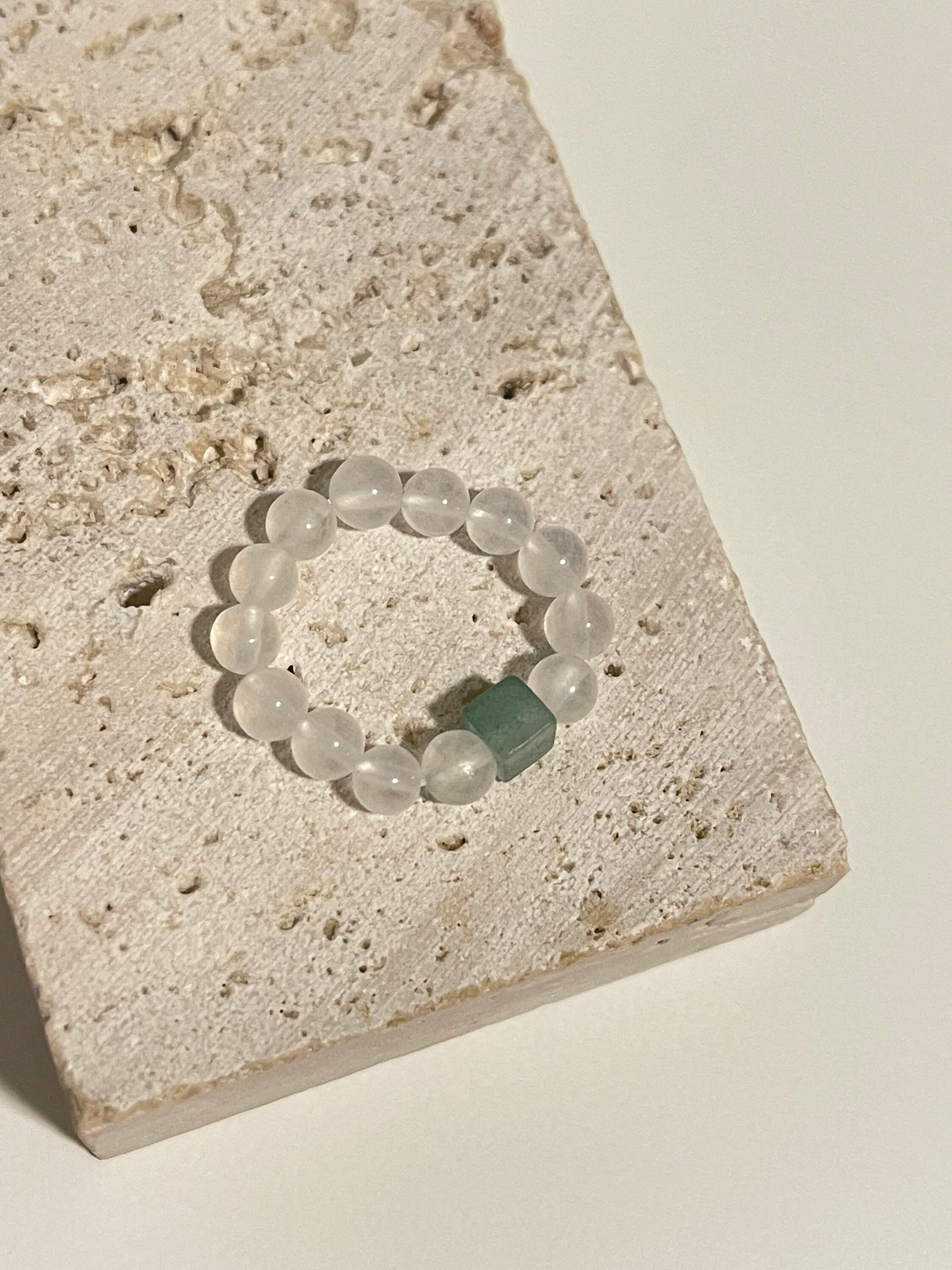 White Marble With Green Square Jade Ring, Stackable Ring, Stretchy ...