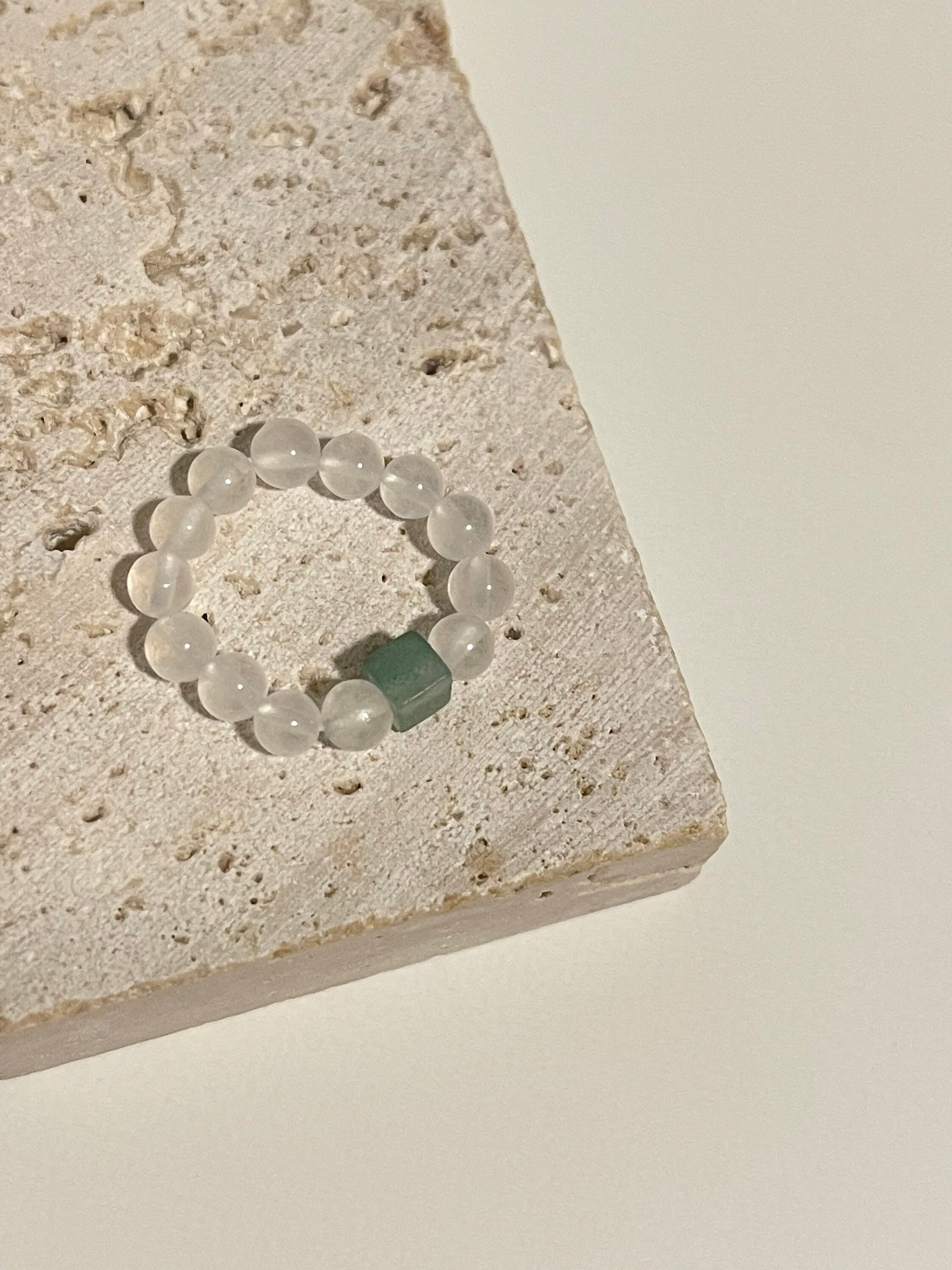 White Marble With Green Square Jade Ring, Stackable Ring, Stretchy ...
