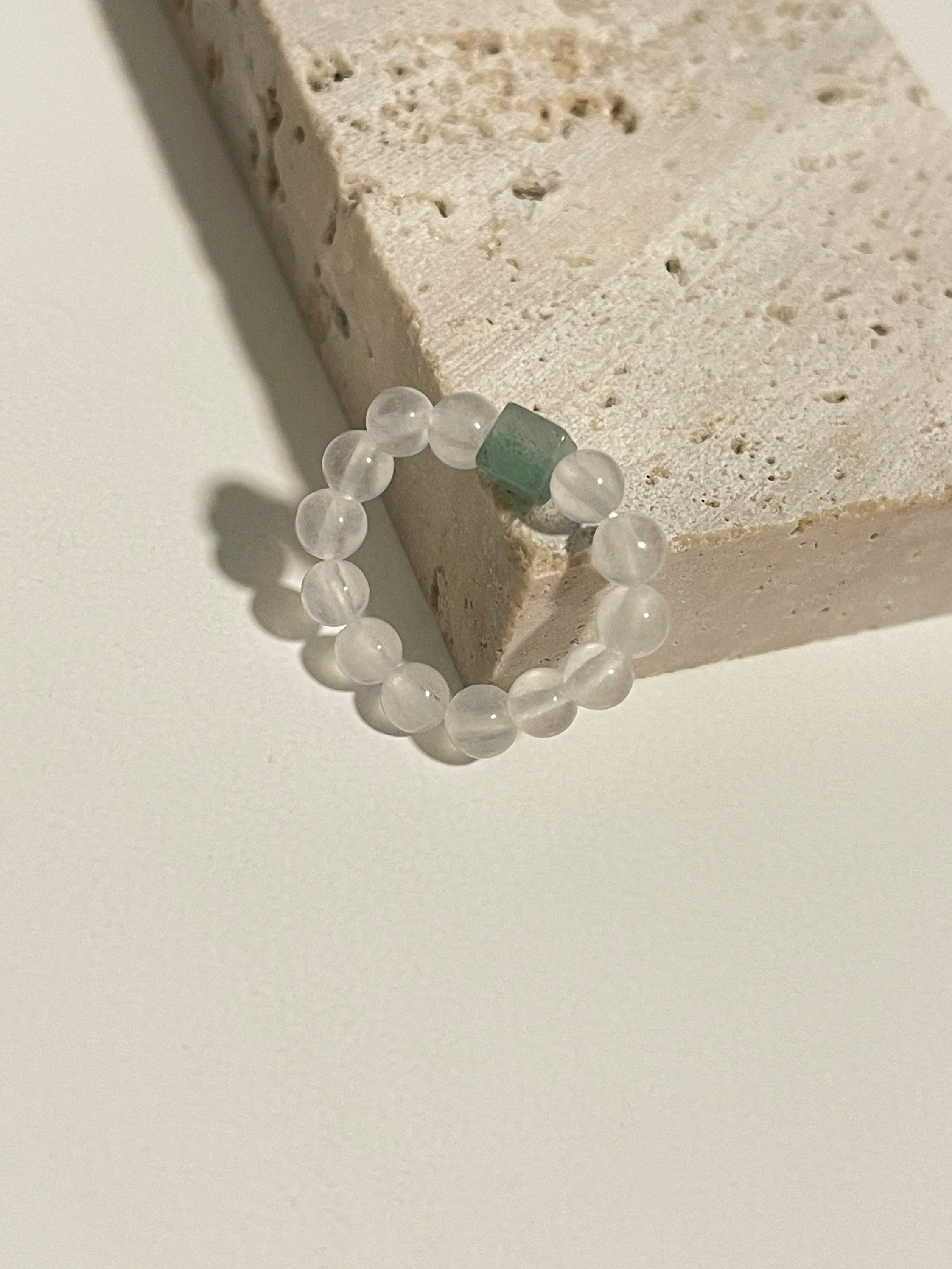 White Marble With Green Square Jade Ring, Stackable Ring, Stretchy ...