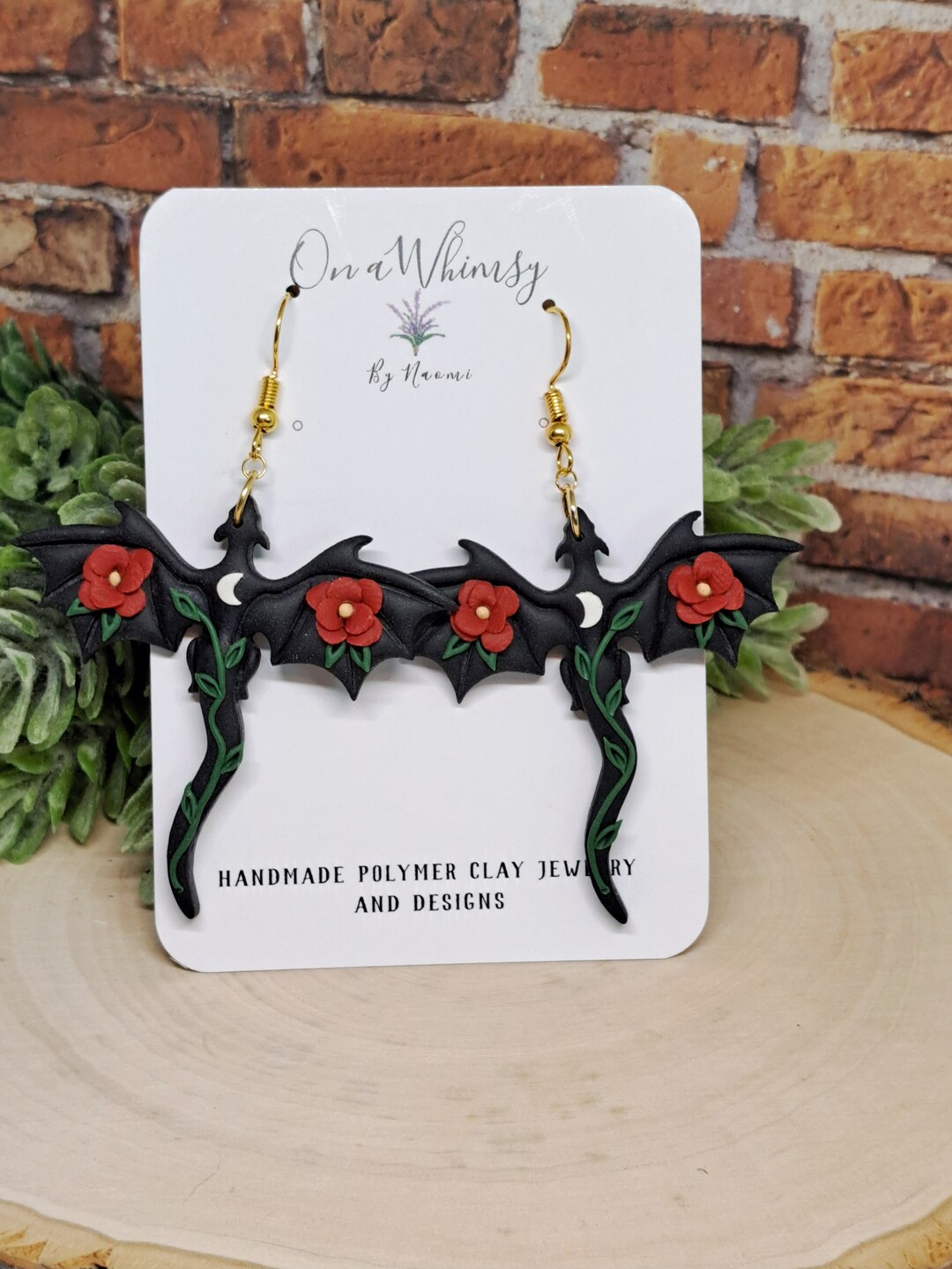 Black and Red Moon Rose Dragon Polymer Clay Earrings/ Stainless Steel ...