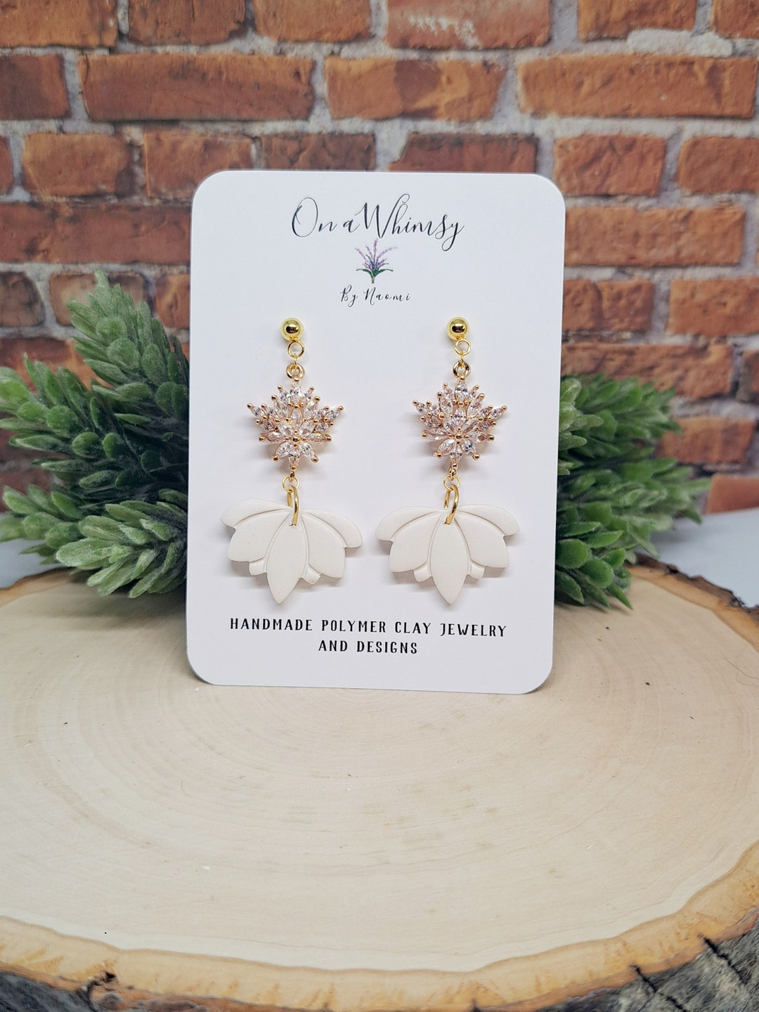 Ivory Pearlescent Bling Lotus Flowers Unique Dangle Polymer Clay ...