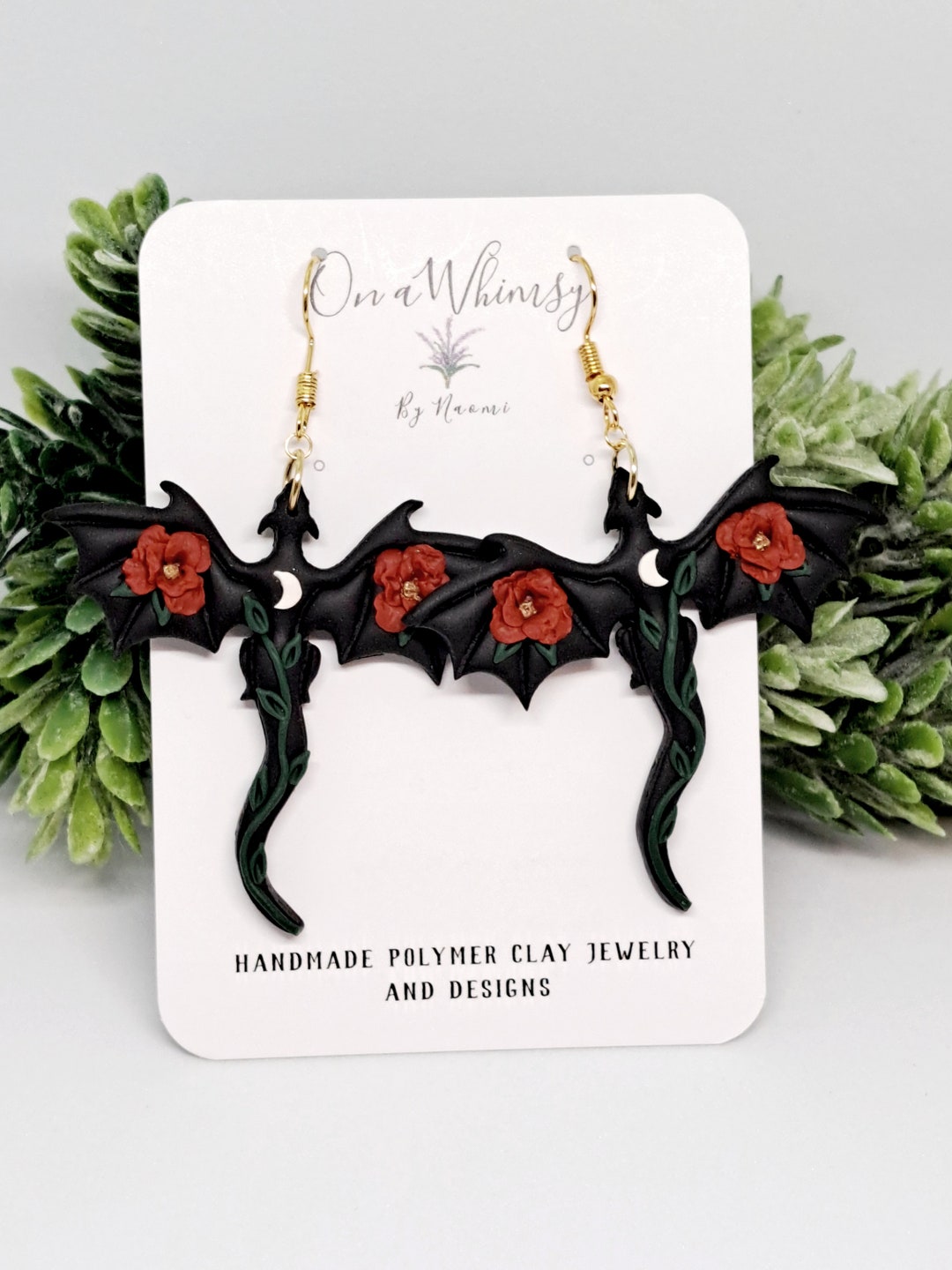 Made-to-order Black and Red Moon Rose Dragon Polymer Clay Earrings ...